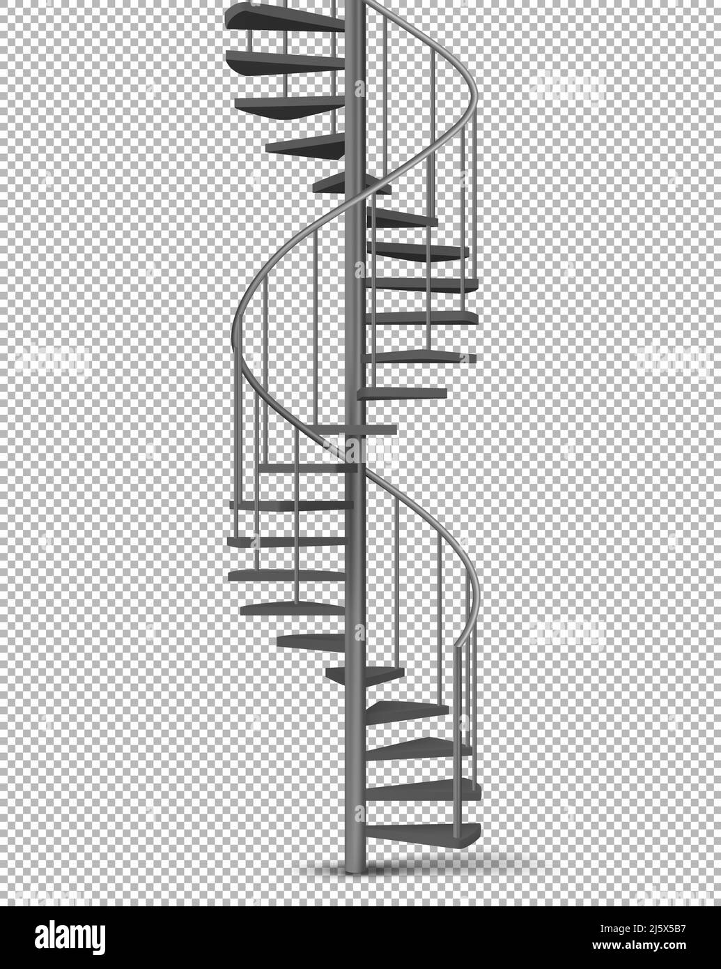 Metal spiral, helical staircase on pillar with tube railings and wooden ...