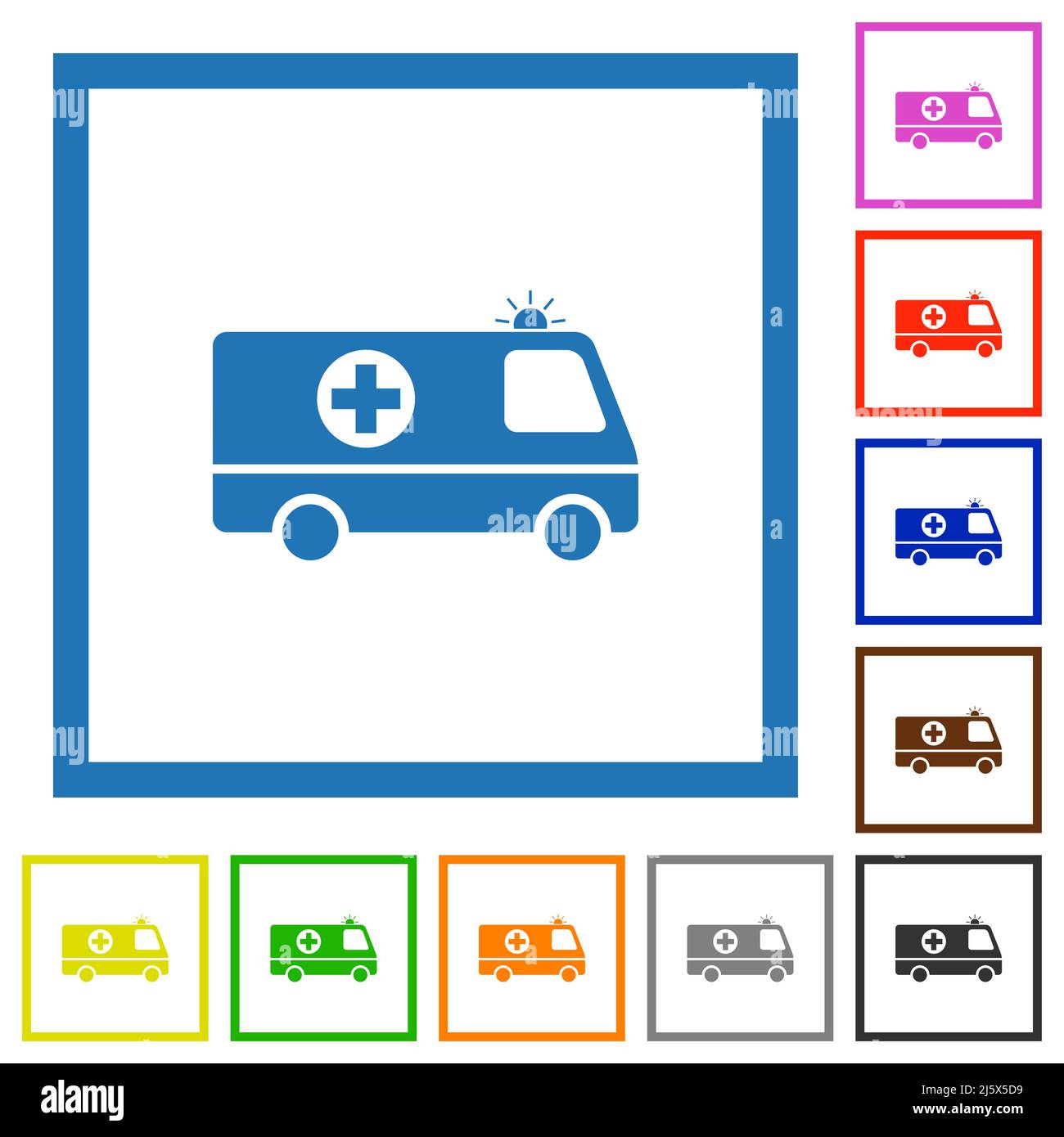 Flashing ambulance car side view flat color icons in square frames on ...