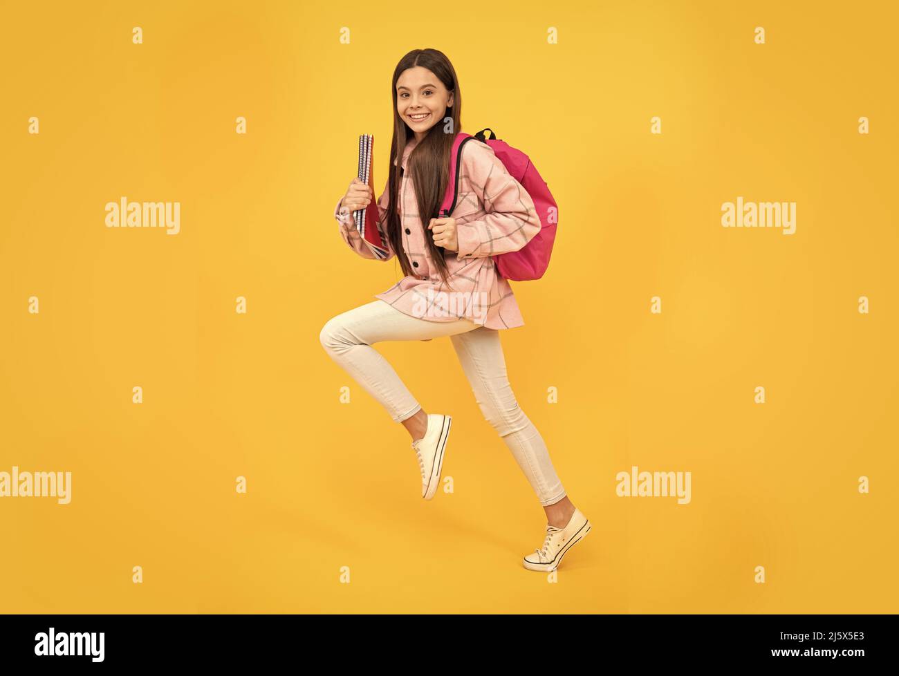 New class. happy kid run with backpack. tween child carry school bag ...