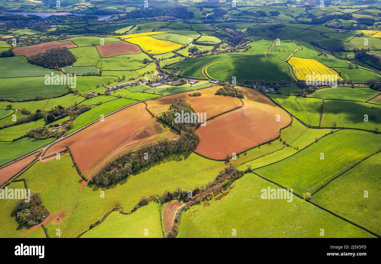 Top Down over Fields and Farmlands, English Village, Devon, England ...