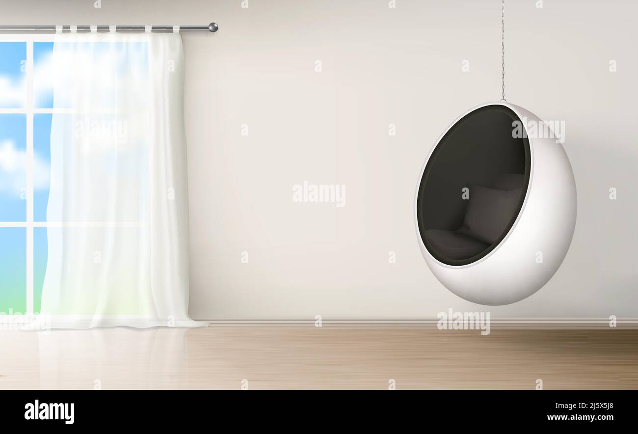 White egg chair hanging on metallic chain from ceiling in house empty ...