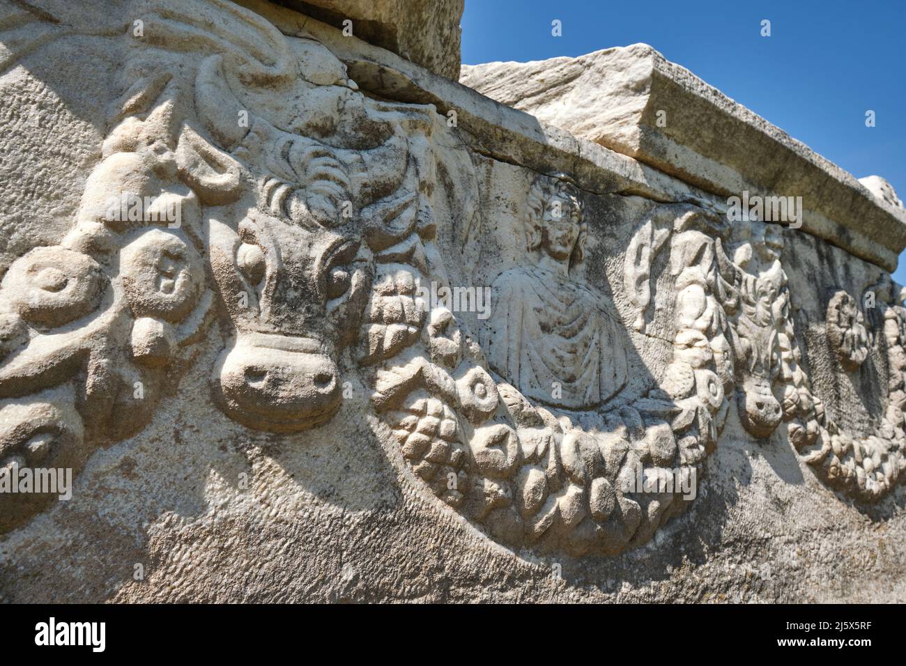 Detail, close up look at a carved bull, garlands and portrait on the ...