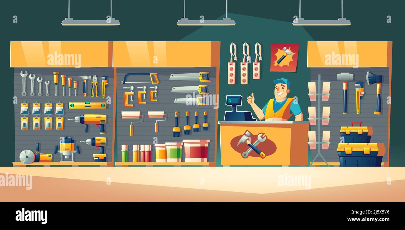 Tools store, hardware construction shop interior with salesman stand on ...