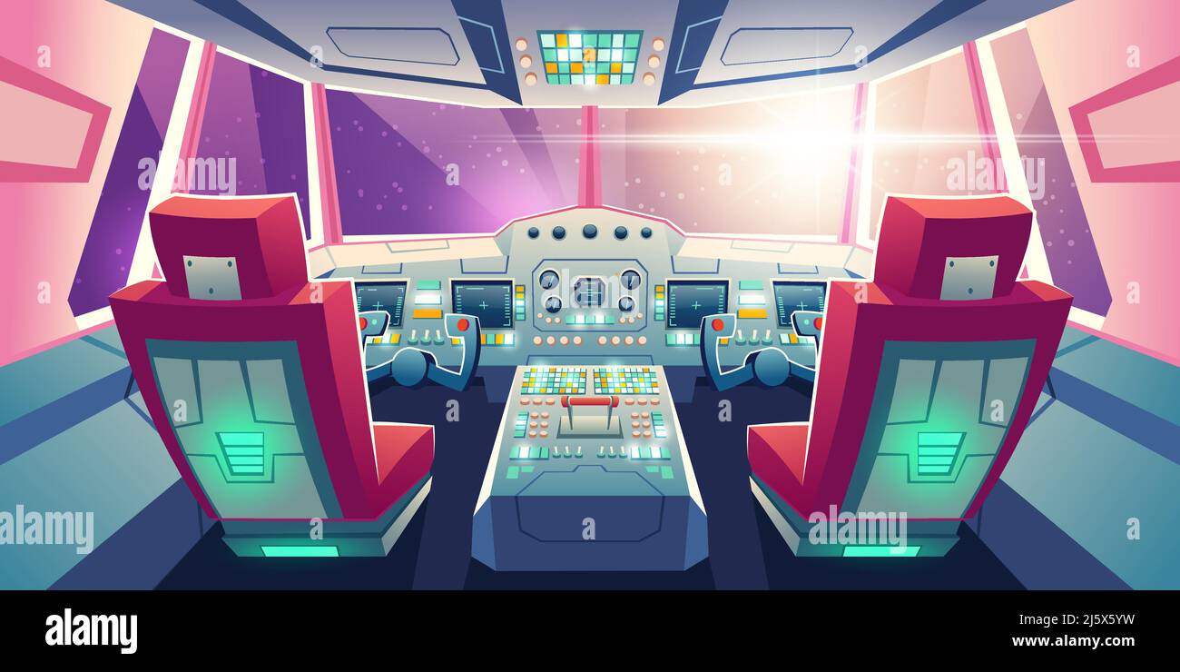 Jet cockpit, empty airplane cabin interior with seats for pilots ...