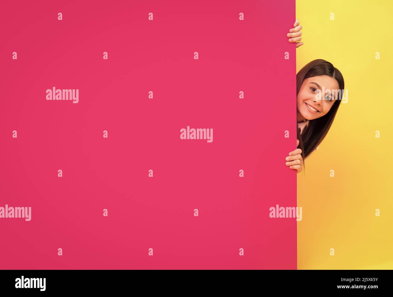 your marketing design. smiling teen girl with advertisement banner. kid ...