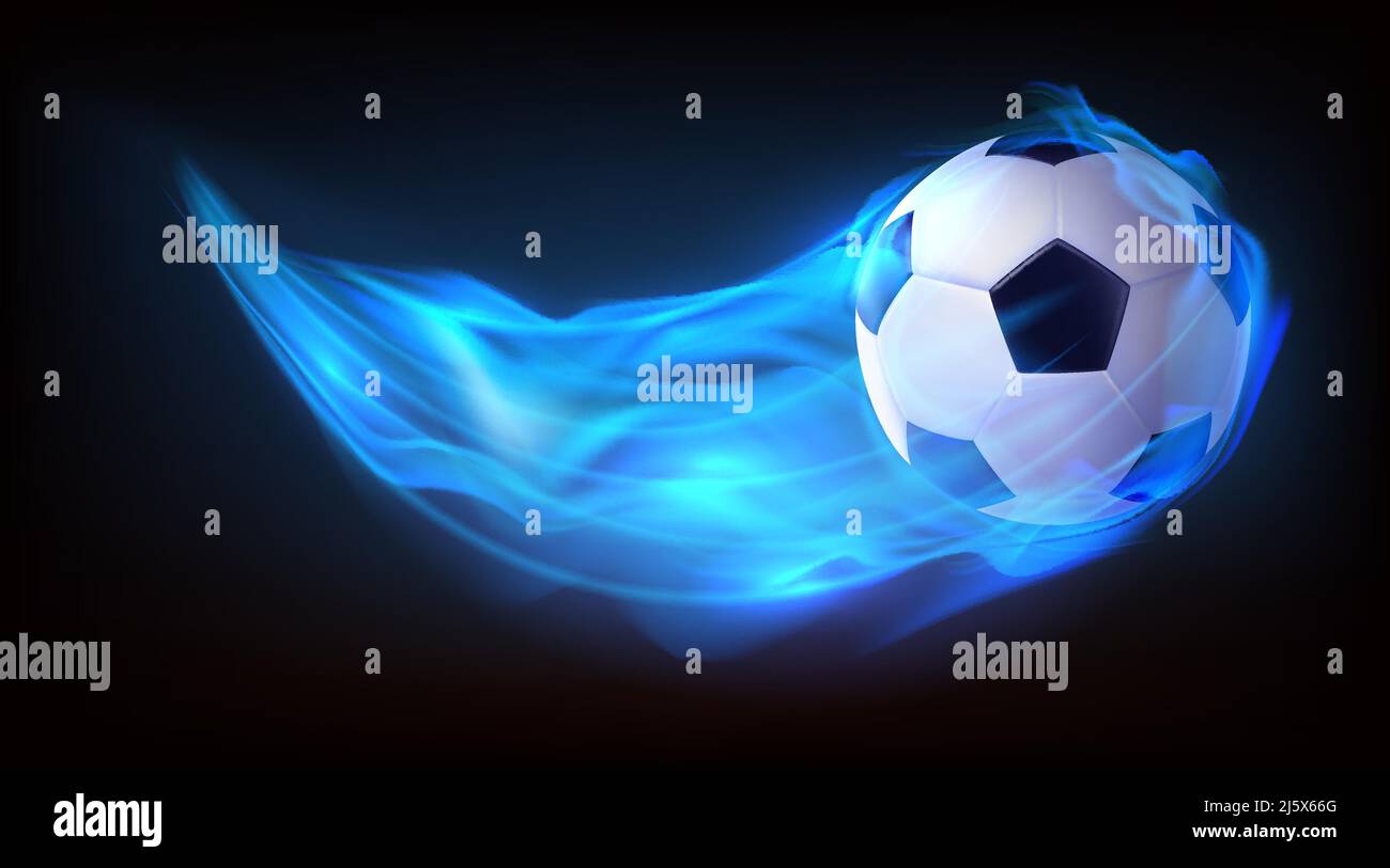 Football ball flying in blue fire, falling in flame side view isolated ...