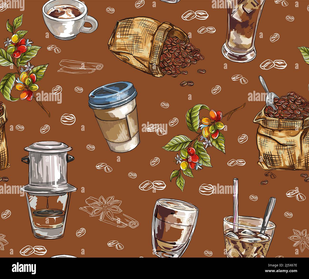Cafe seamless pattern or background set. Vector seamless scene with ...
