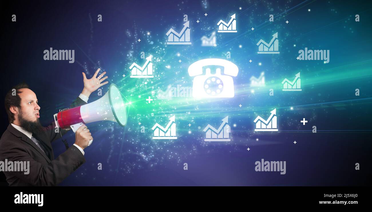 Young person with megaphone and business icon Stock Photo - Alamy