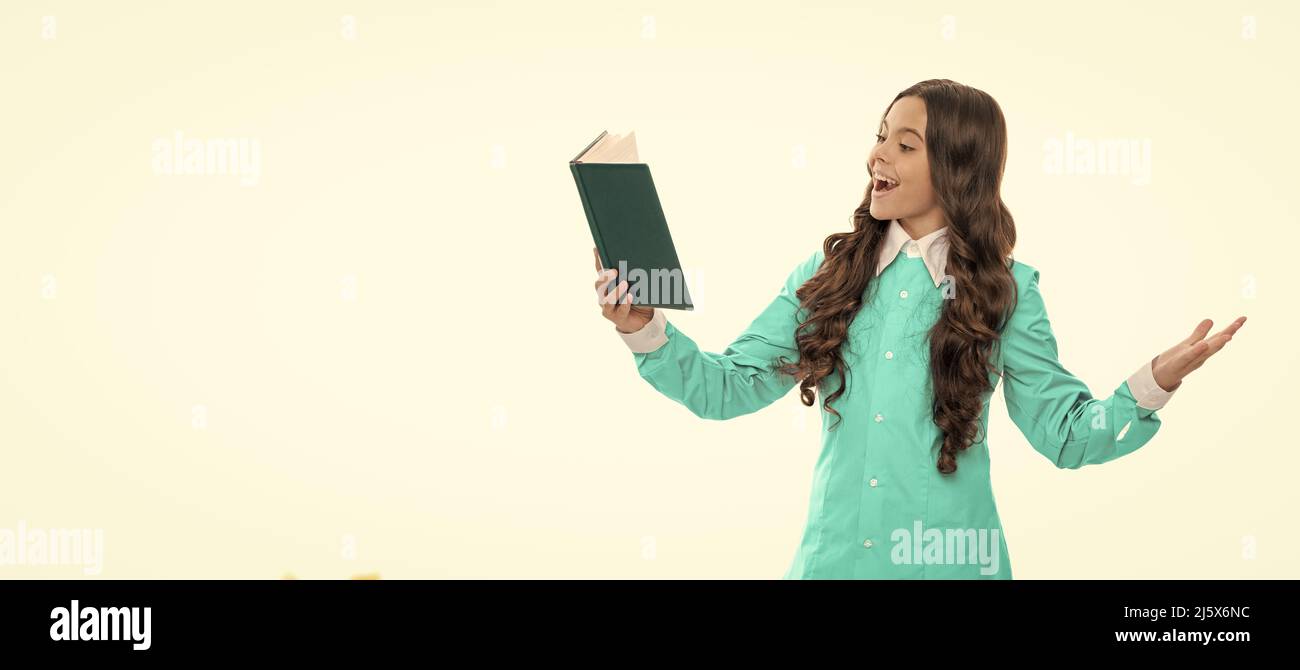 Happy kid read school book aloud with expression isolated on white ...