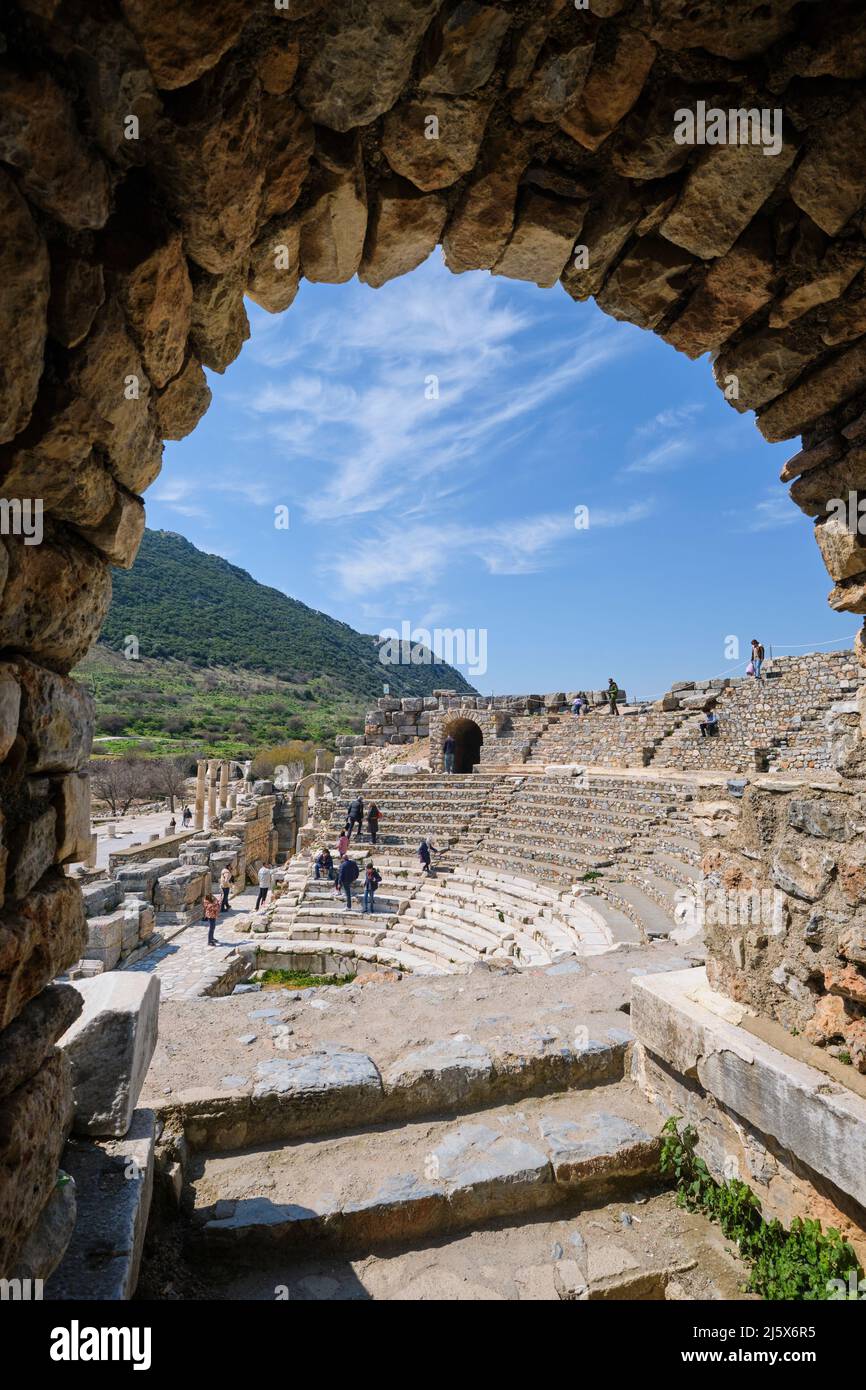 A view of the seating design, looking through an arched opening at the ...