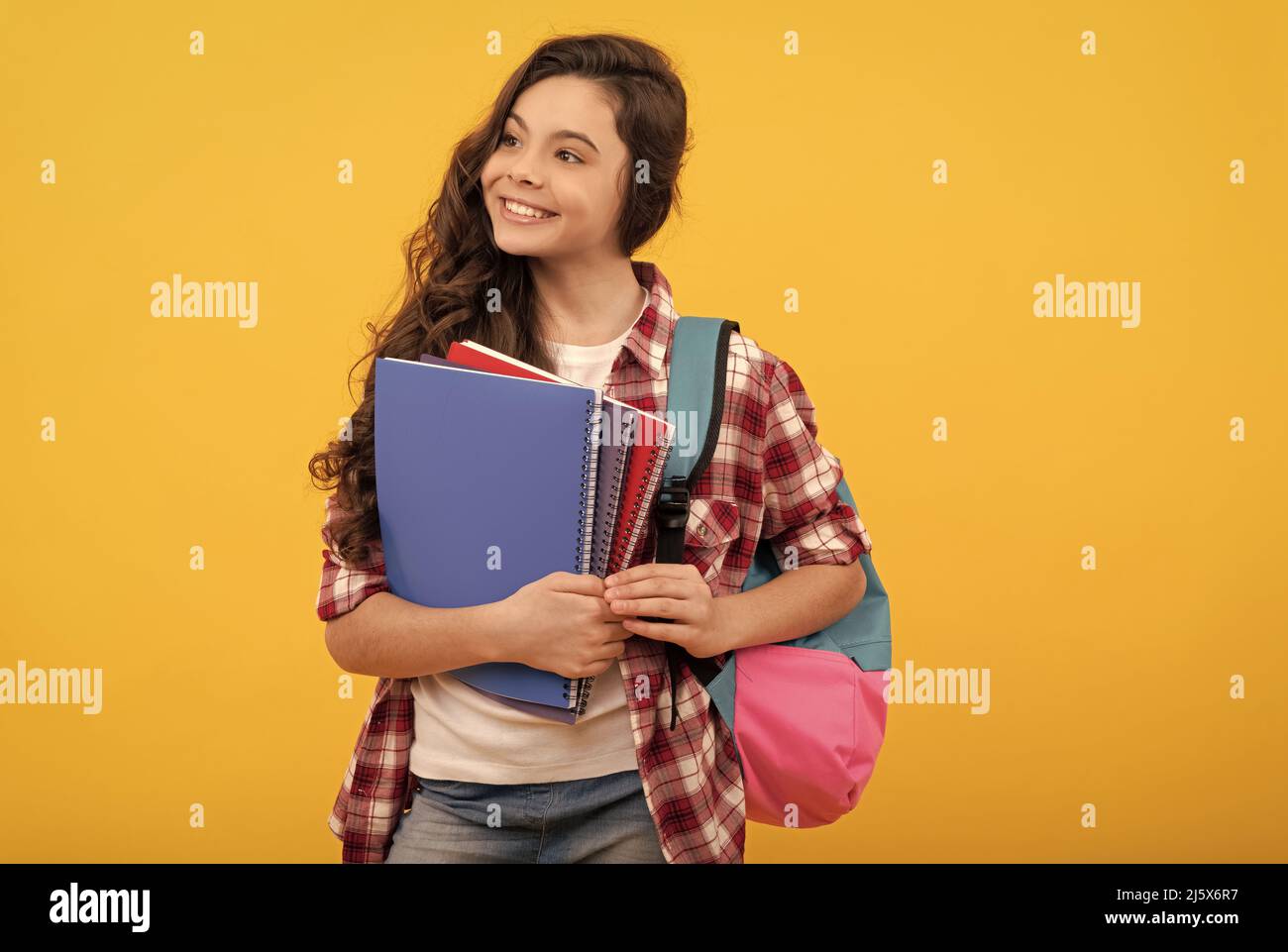happy school child ready to study with copybooks, knowledge Stock Photo ...