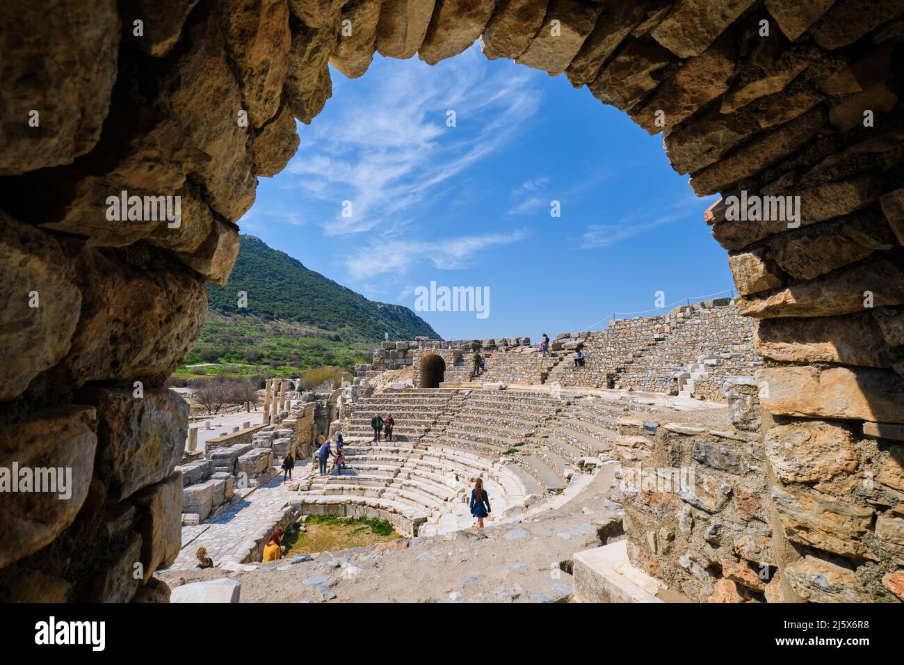 A view of the seating design, looking through an arched opening at the ...