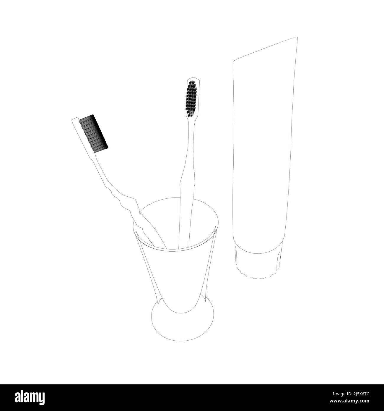Outline of toothbrushes in a glass and a tube of toothpaste from black ...