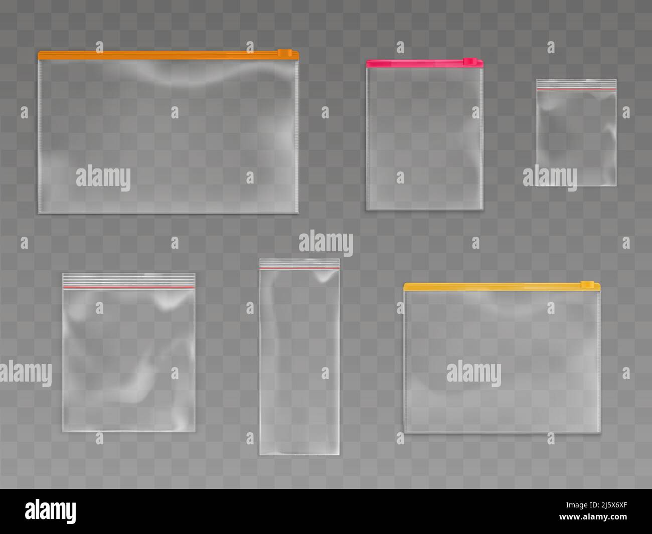 Plastic zip bags set, empty pouches of various sizes and zipper colors ...