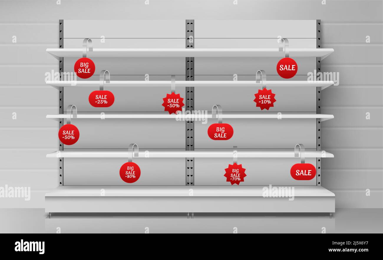 White empty retail department shelves with red wobblers. Vector ...