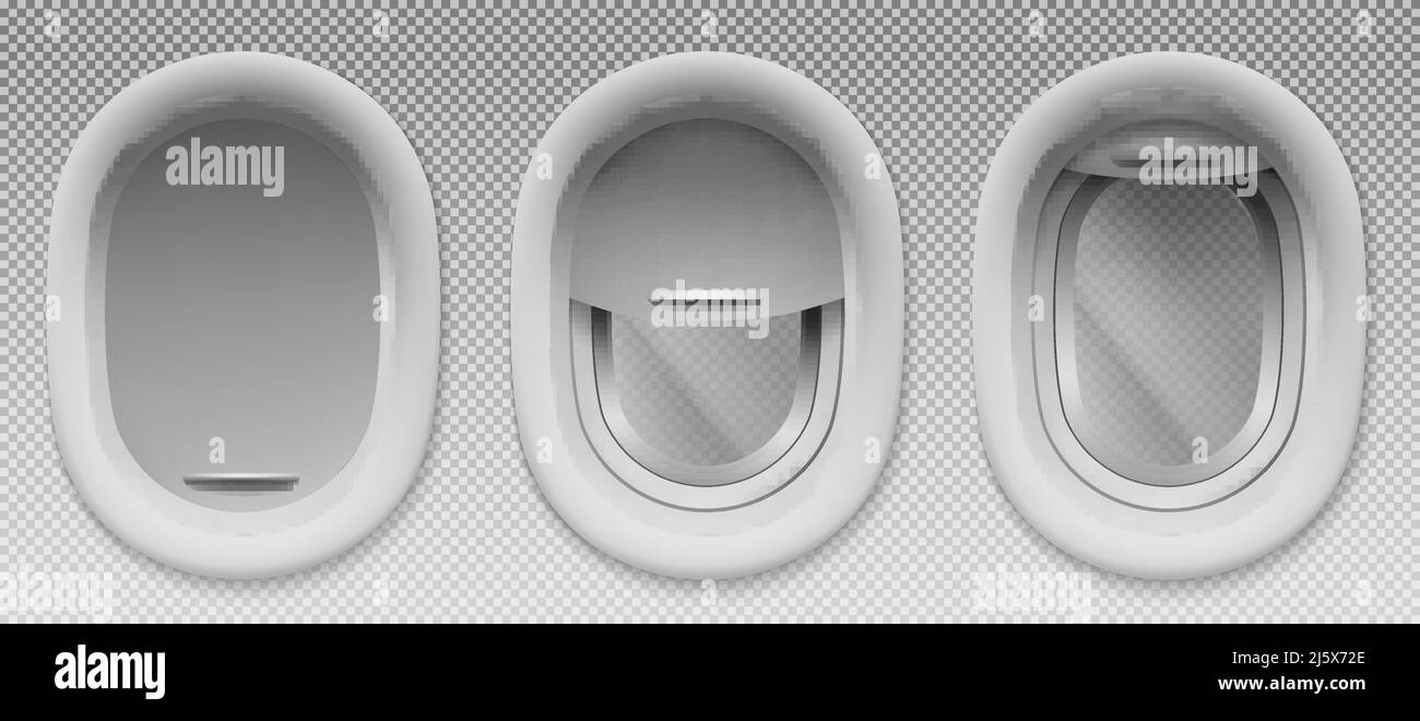 Aircraft windows. Set of three realistic airplane portholes with open ...