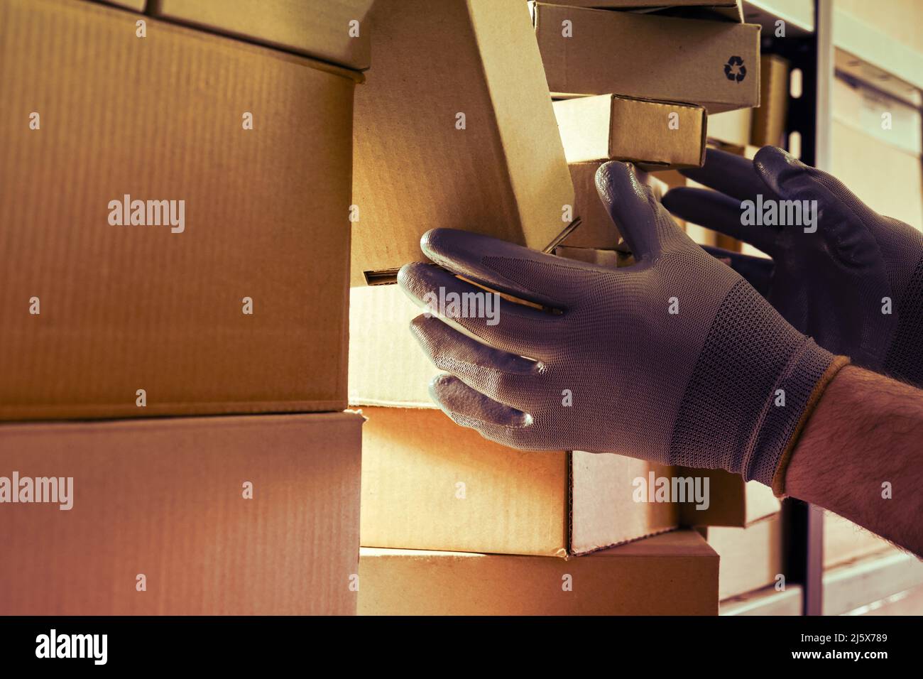 A worker man hands hold cardboard boxes on the shelves of a fully ...