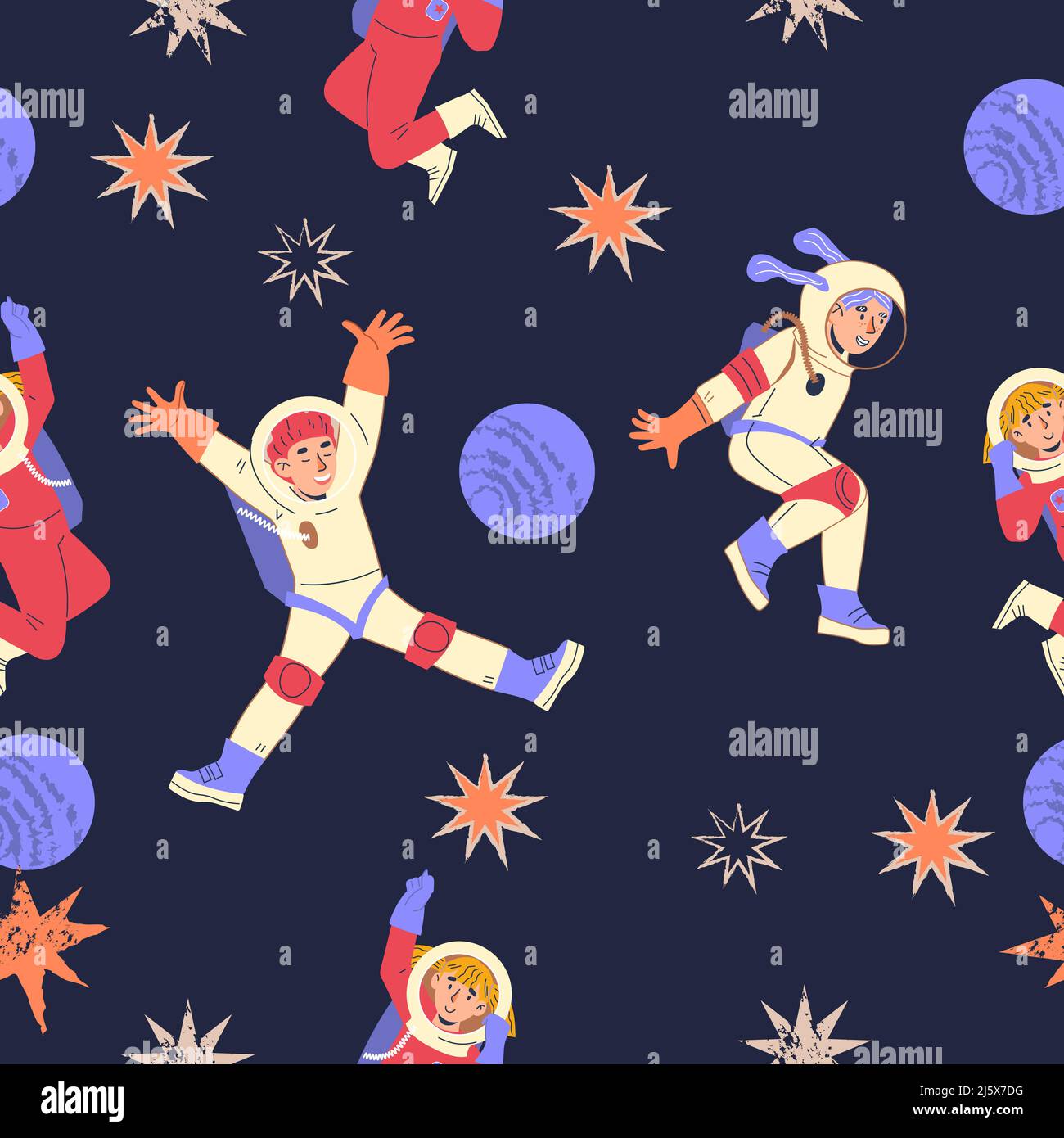 Space seamless pattern design with kids astronauts and stars. Childish ...