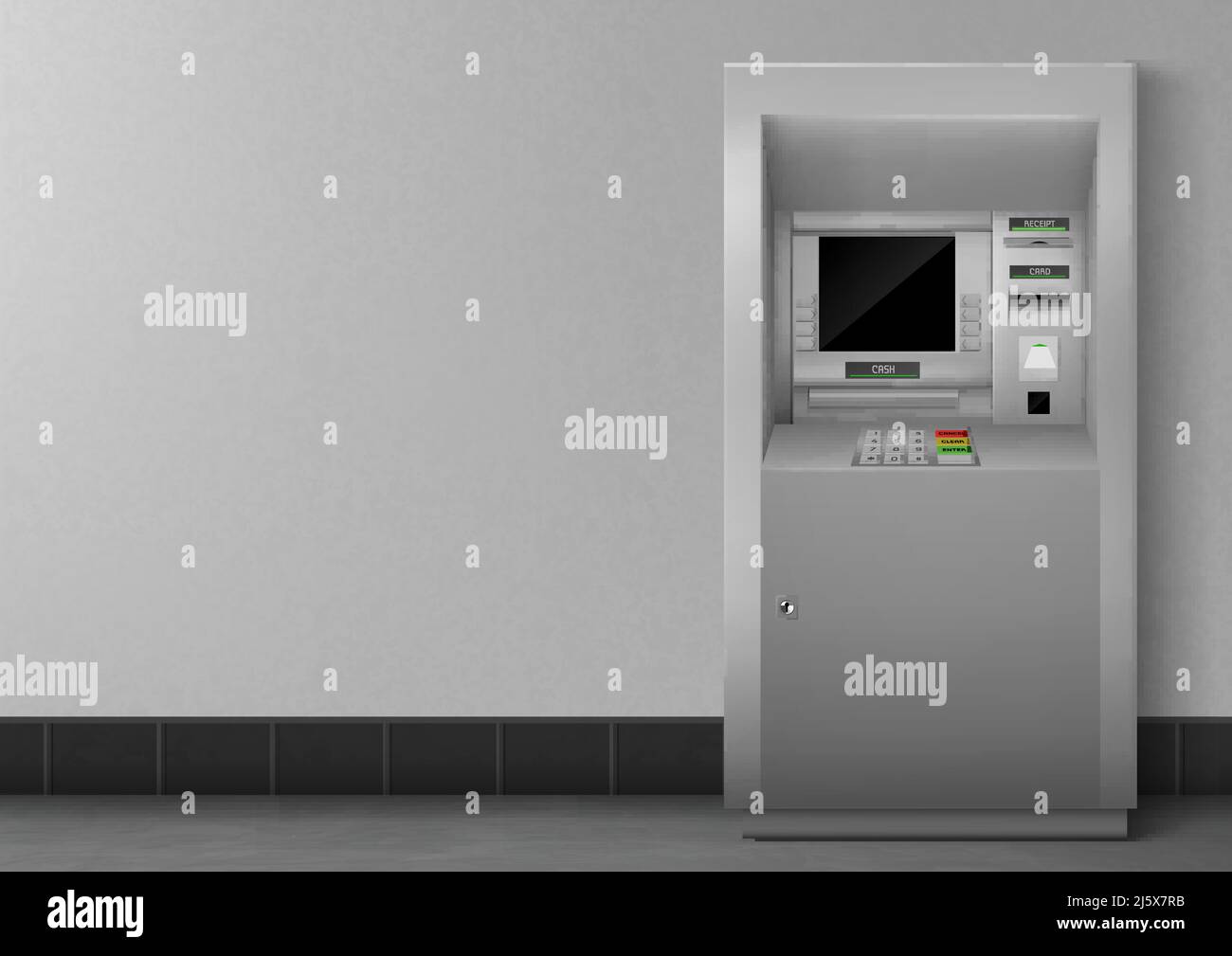 ATM with blank black display. Bank terminal for transaction, withdraw ...