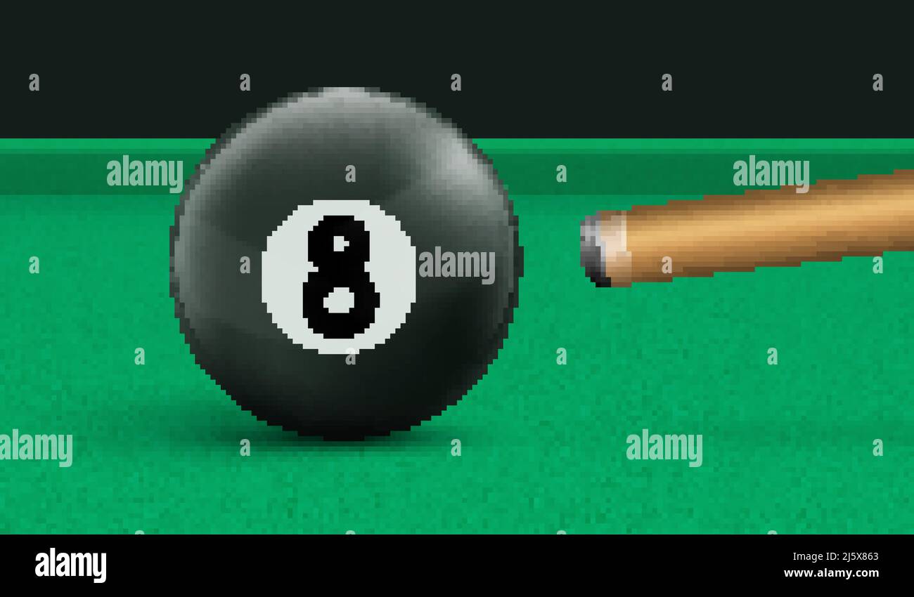 Billiard eight ball and cue on green cloth table. Vector realistic ...