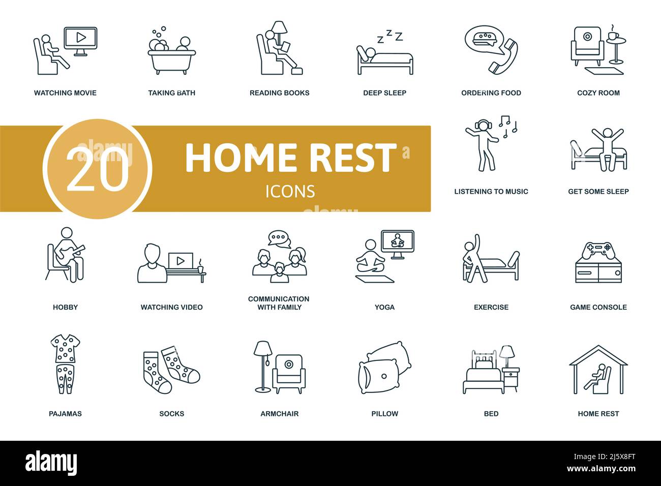 Home Rest set icon. Contains home rest illustrations such as taking ...