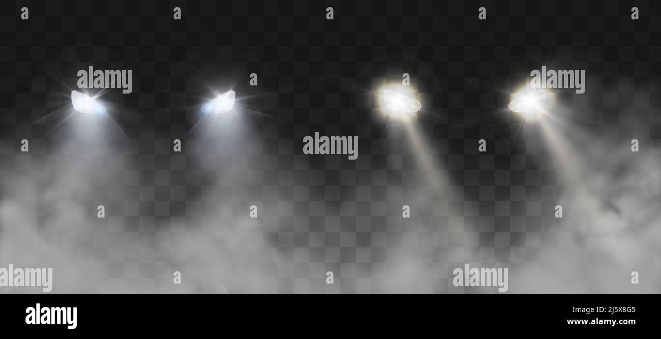 Car headlights shining on road in fog at night. Vector realistic set of ...