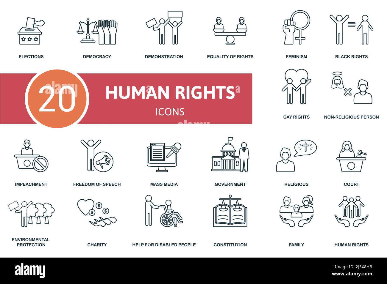 Human Rights set icon. Contains human rights illustrations such as ...