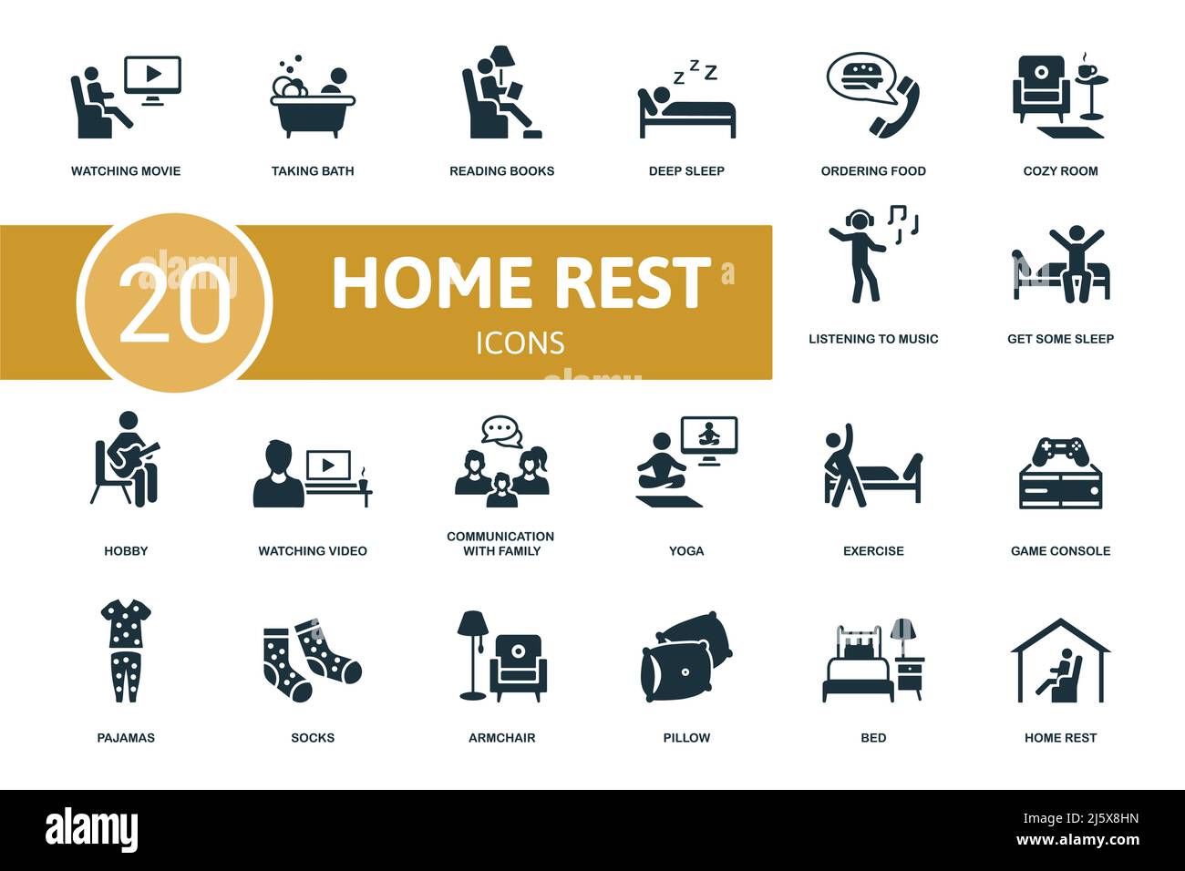 Home Rest set icon. Contains home rest illustrations such as taking ...