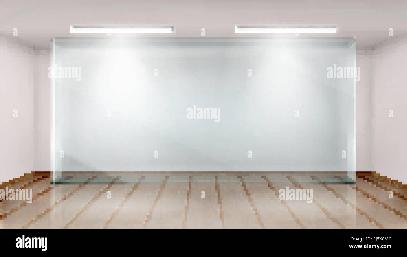 Glass wall frame in empty exhibition room. Vector realistic transparent ...