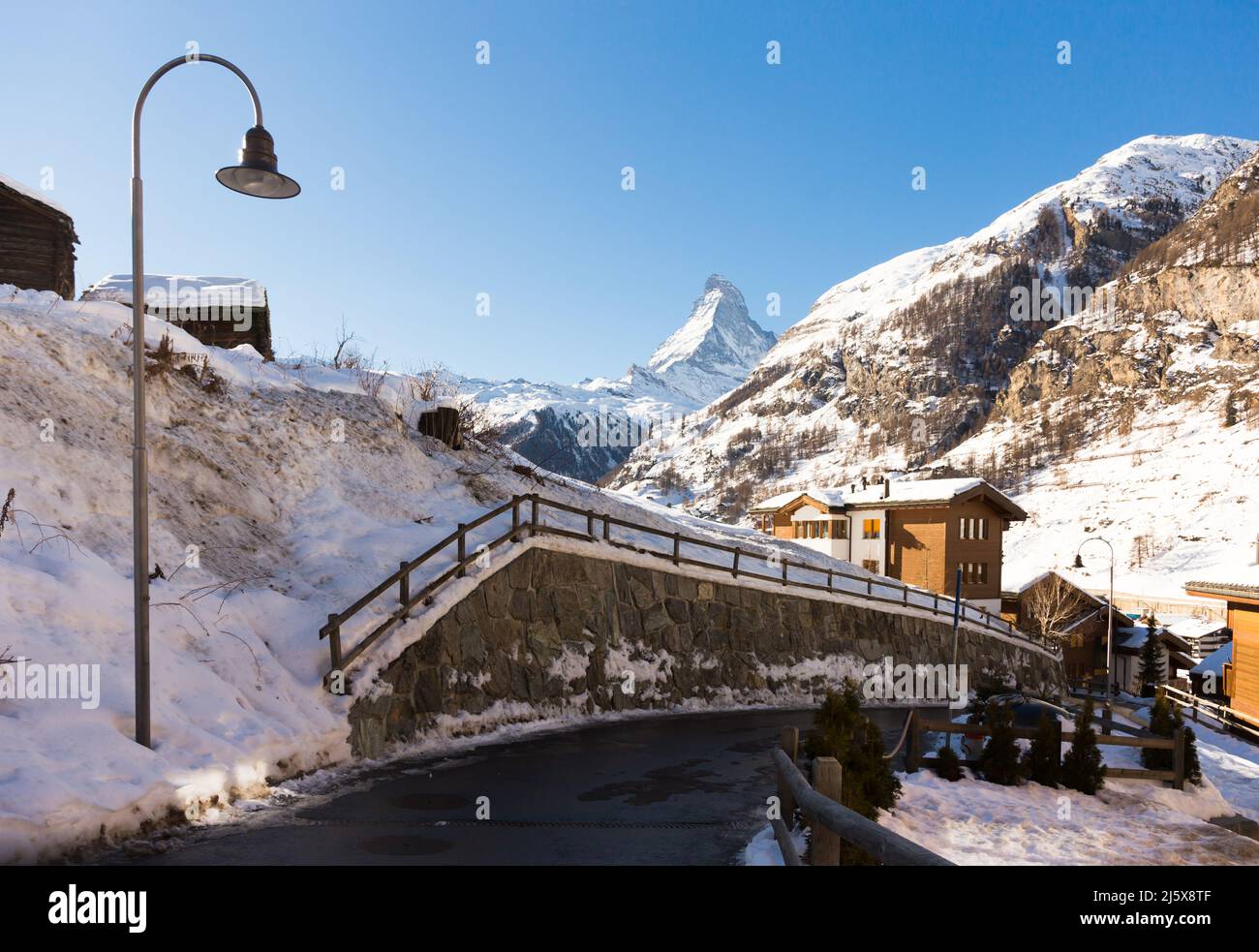 Winter mountain landscape. Snowy mountain Matterhorn during the day in ...