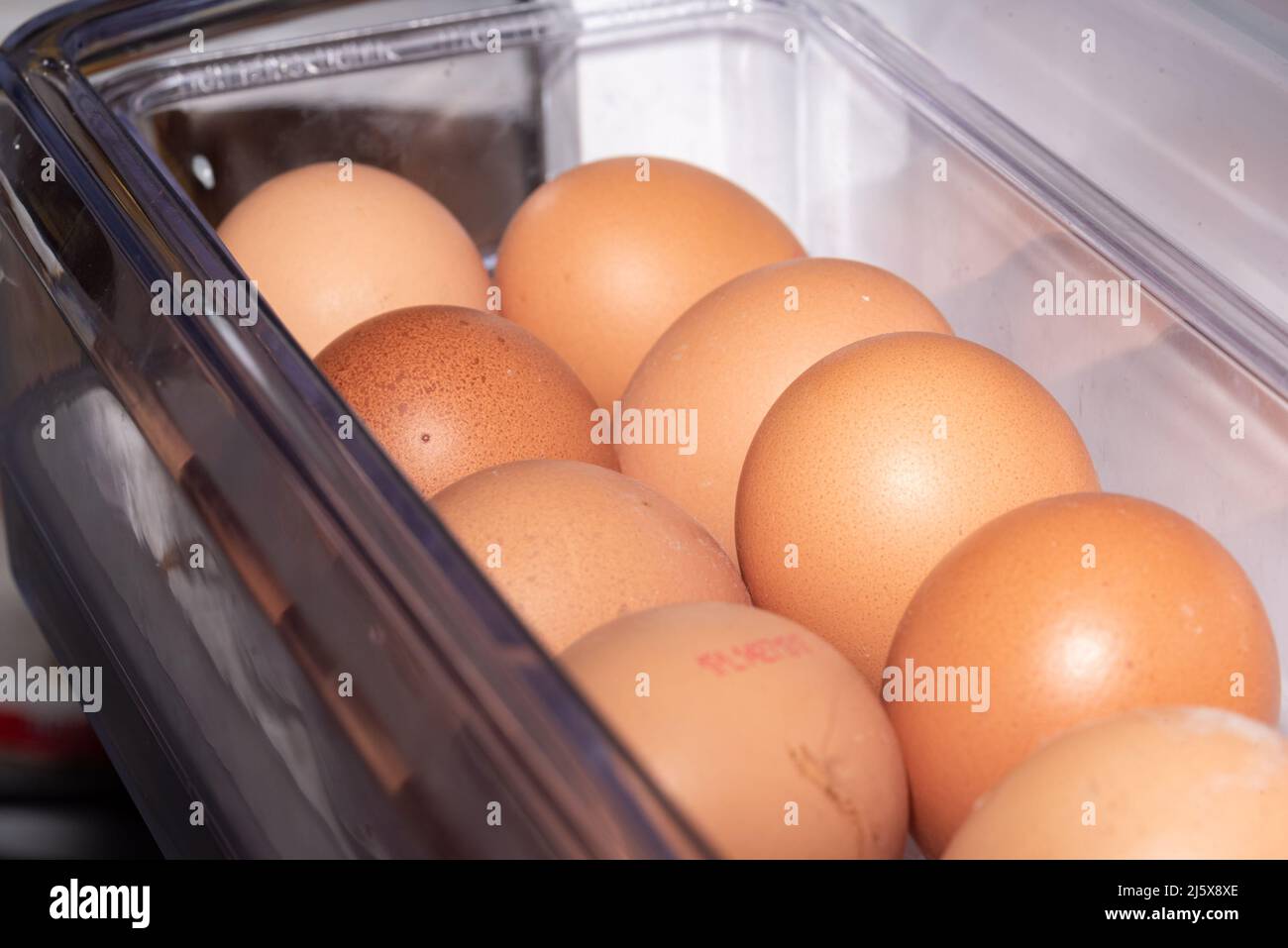 Eggs in the refrigerator arranged in rows. Low temperature storage of ...