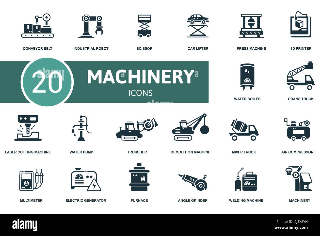 Machinery icon set. Contains editable icons machinery theme such as industrial robot, car lifter ...