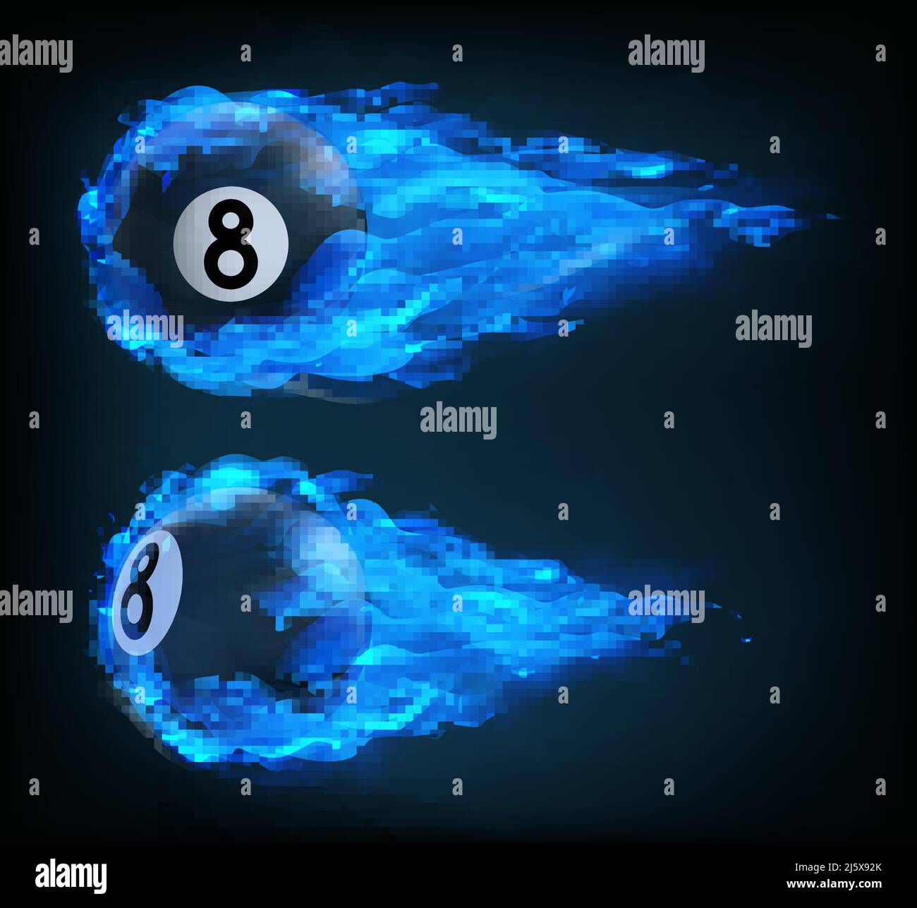 Flying black billiard eight ball in blue fire isolated on black ...
