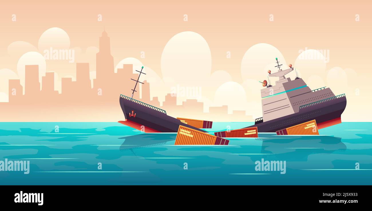 Shipwreck of cargo ship, vessel sinking in ocean with goods containers ...