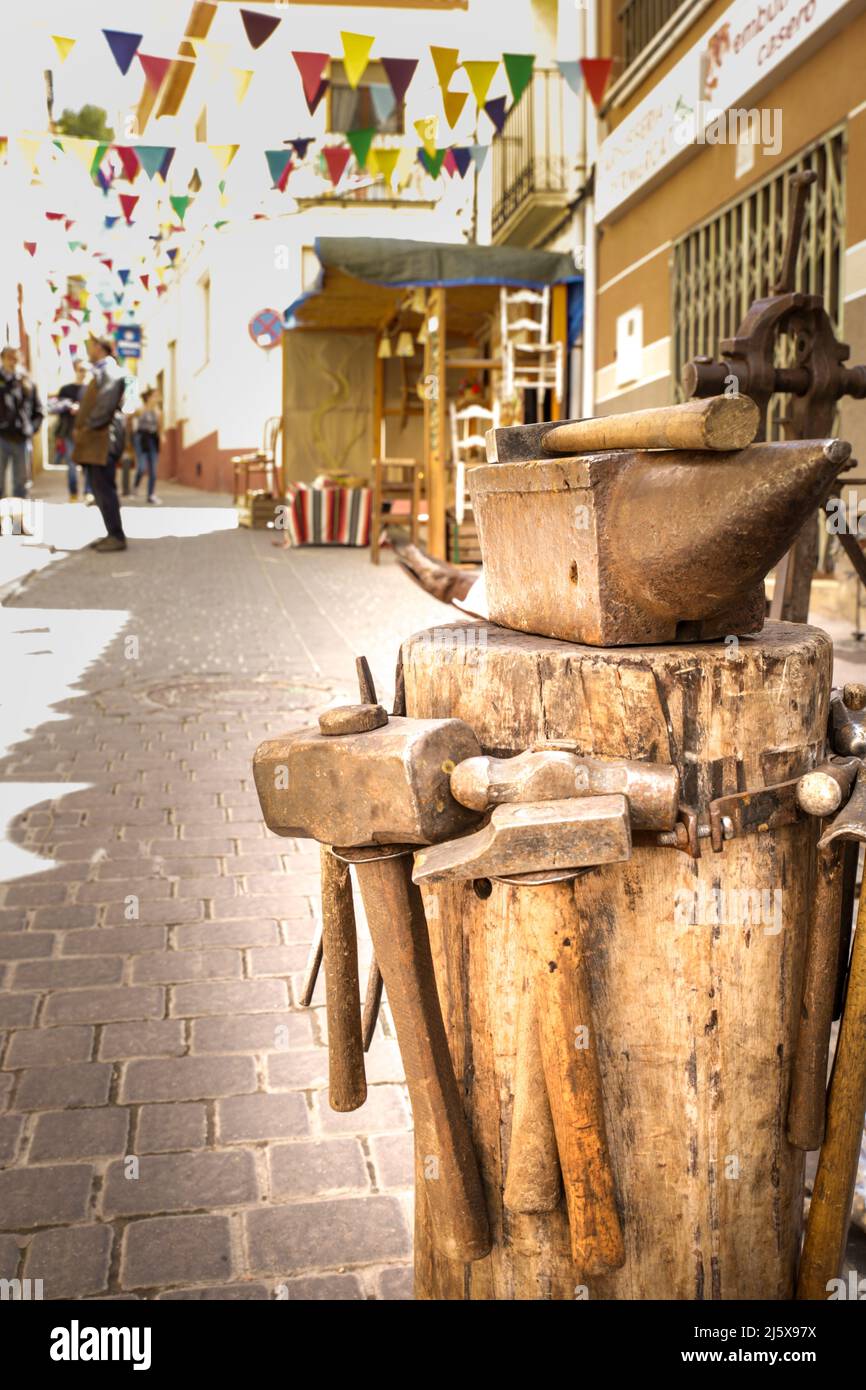 Finestrat, Alicante, Spain- April 23, 2022: Forge and blacksmith tools ...