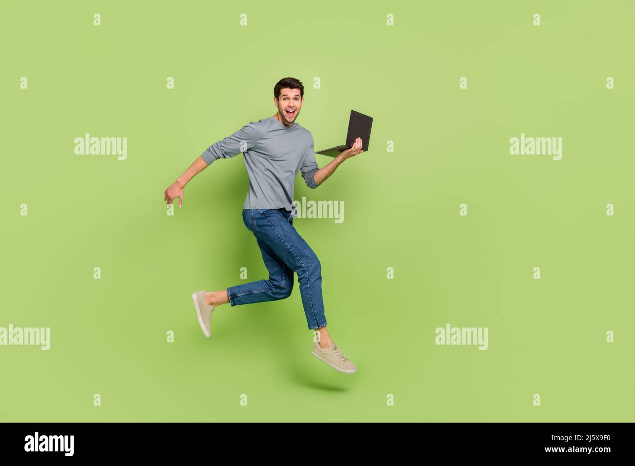 Full size photo of running brown haired casual style businessman rush ...