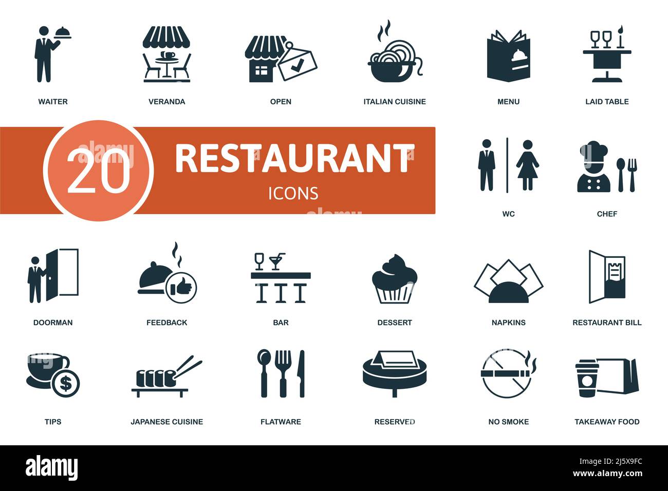 Restaurant set icon. Contains restaurant illustrations such as veranda ...