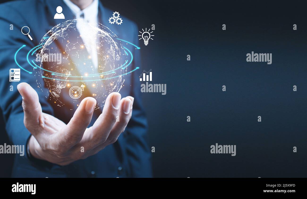 Businessman holding smart business technology, global internet ...
