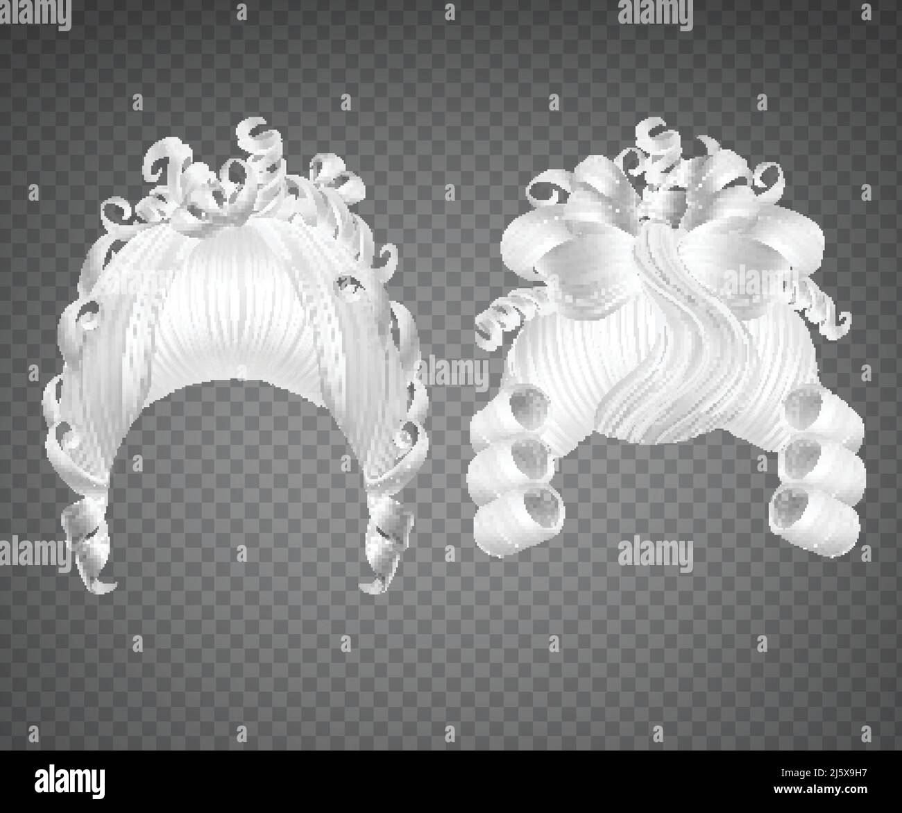 White curly girl wig, women rococo hairstyle. Vector set of realistic ...
