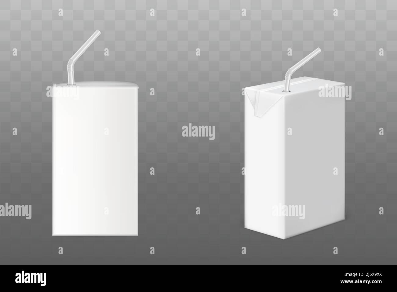 Juice or milk boxes with straw side front view set, white blank ...
