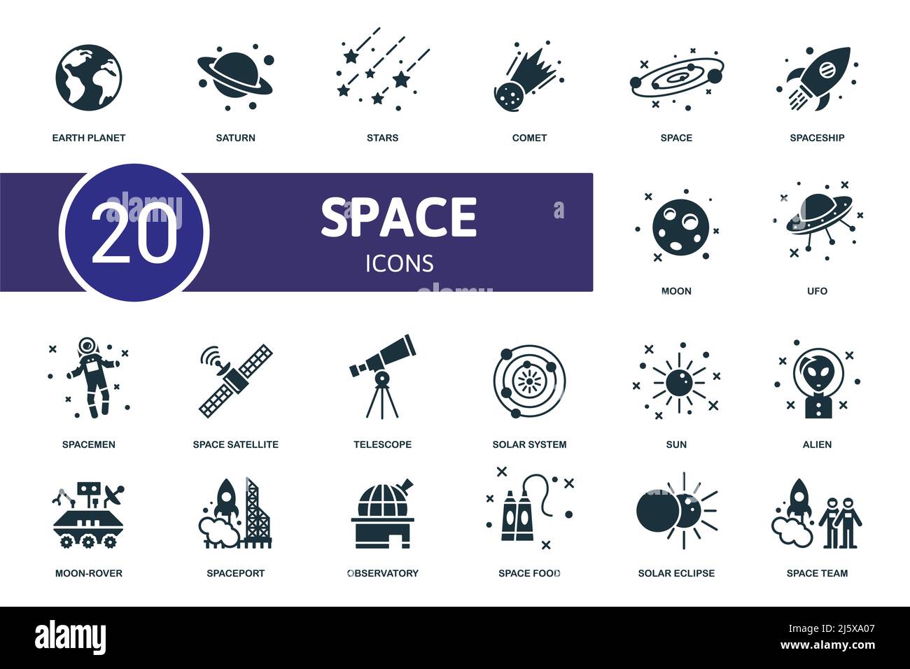 Space set icon. Contains space illustrations such as stars, space ...