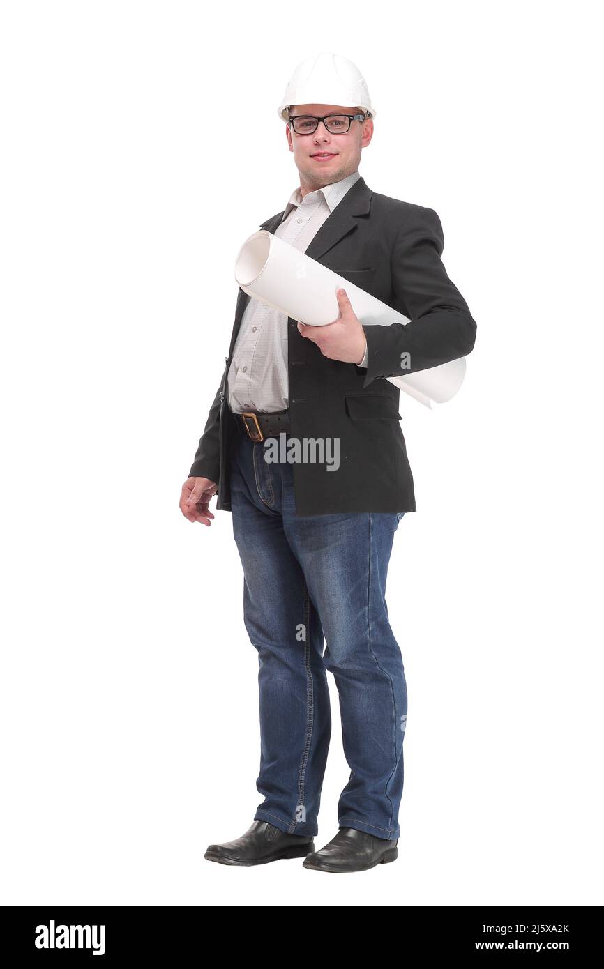 Side view image of an architecture wearing white hard hat Stock Photo ...