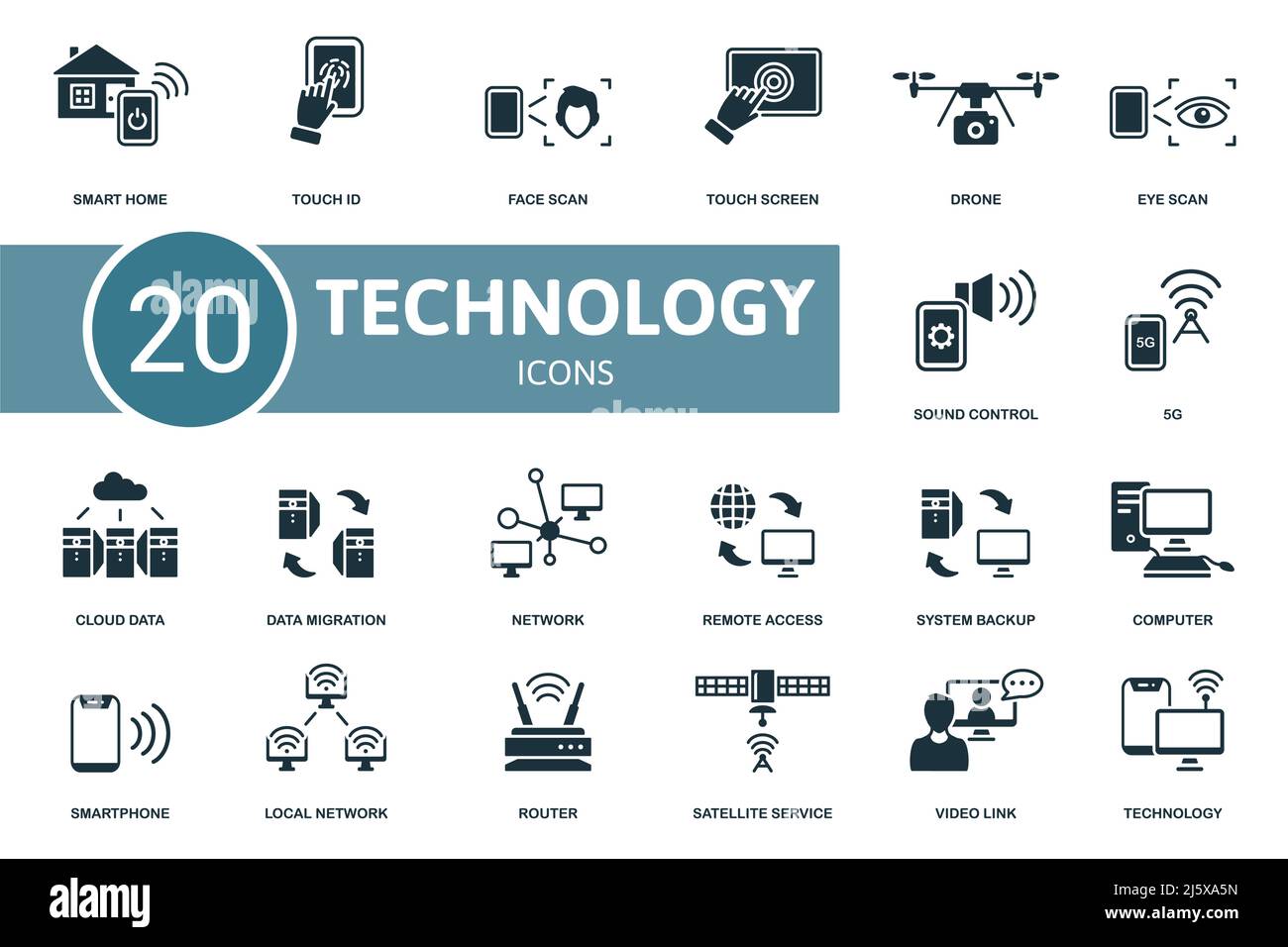 Technology set icon. Contains technology illustrations such as touch id ...
