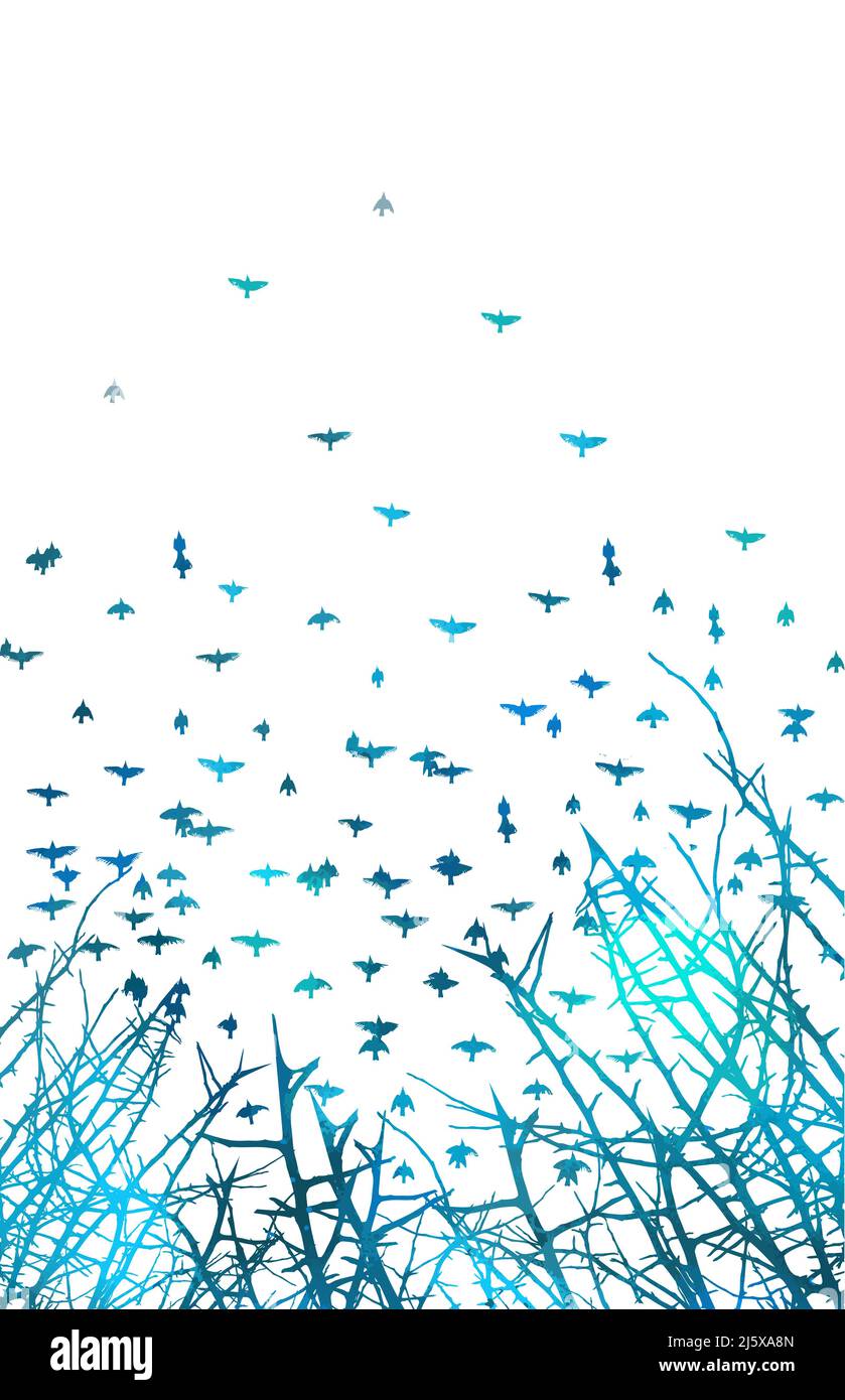 Tree branches and a blue flock of flying birds. Vector illustration ...