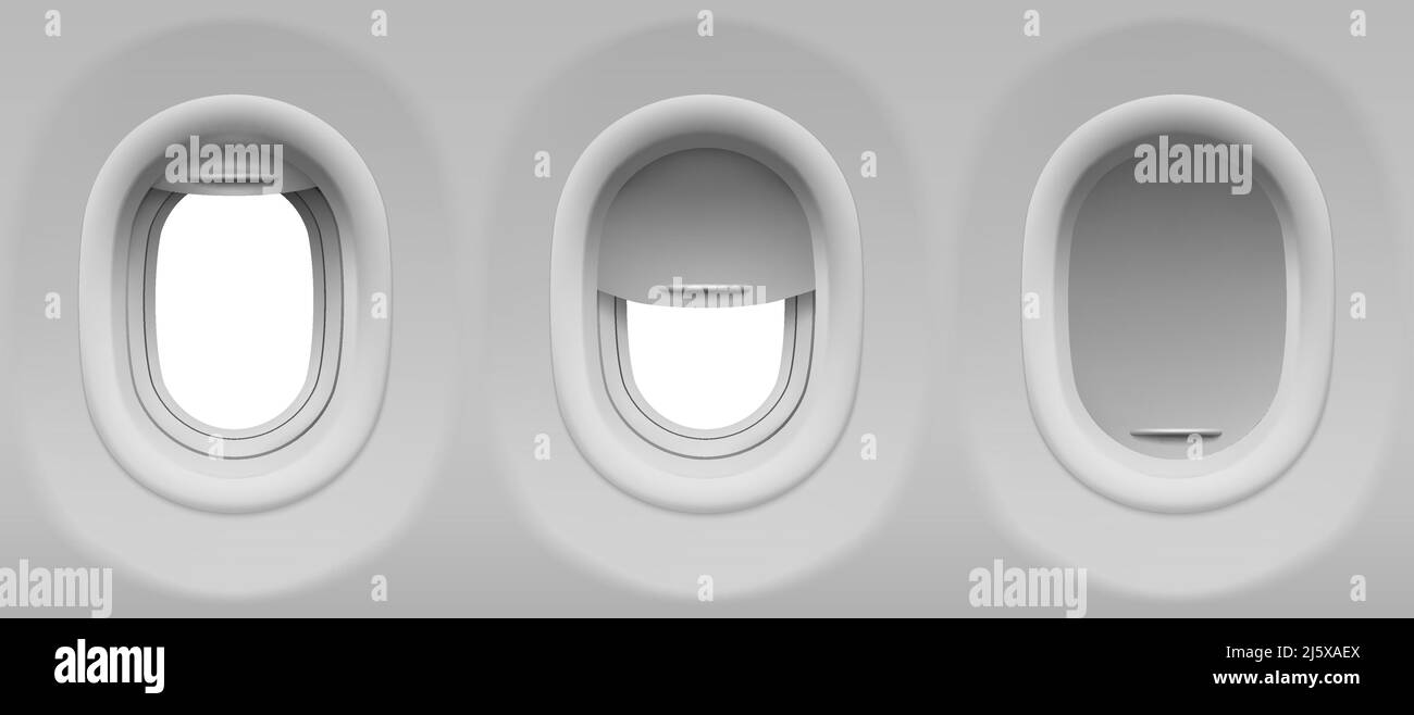 Aircraft windows. Three realistic airplane portholes with open and ...