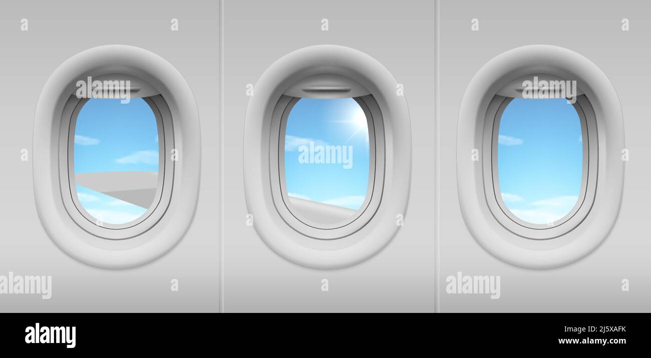 Airplane windows. Vector realistic aircraft portholes with sky, clouds ...
