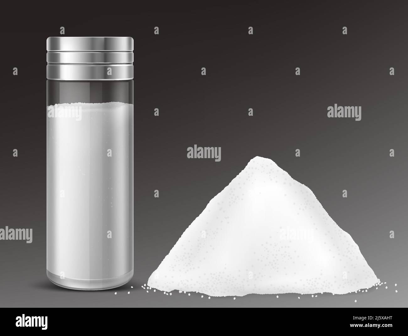 Glass salt shaker and pile of sodium chloride. Vector realistic full ...