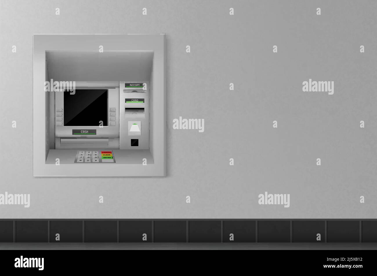 Atm machine on grey wall background, automated teller with black monitor, keypad for enter ...