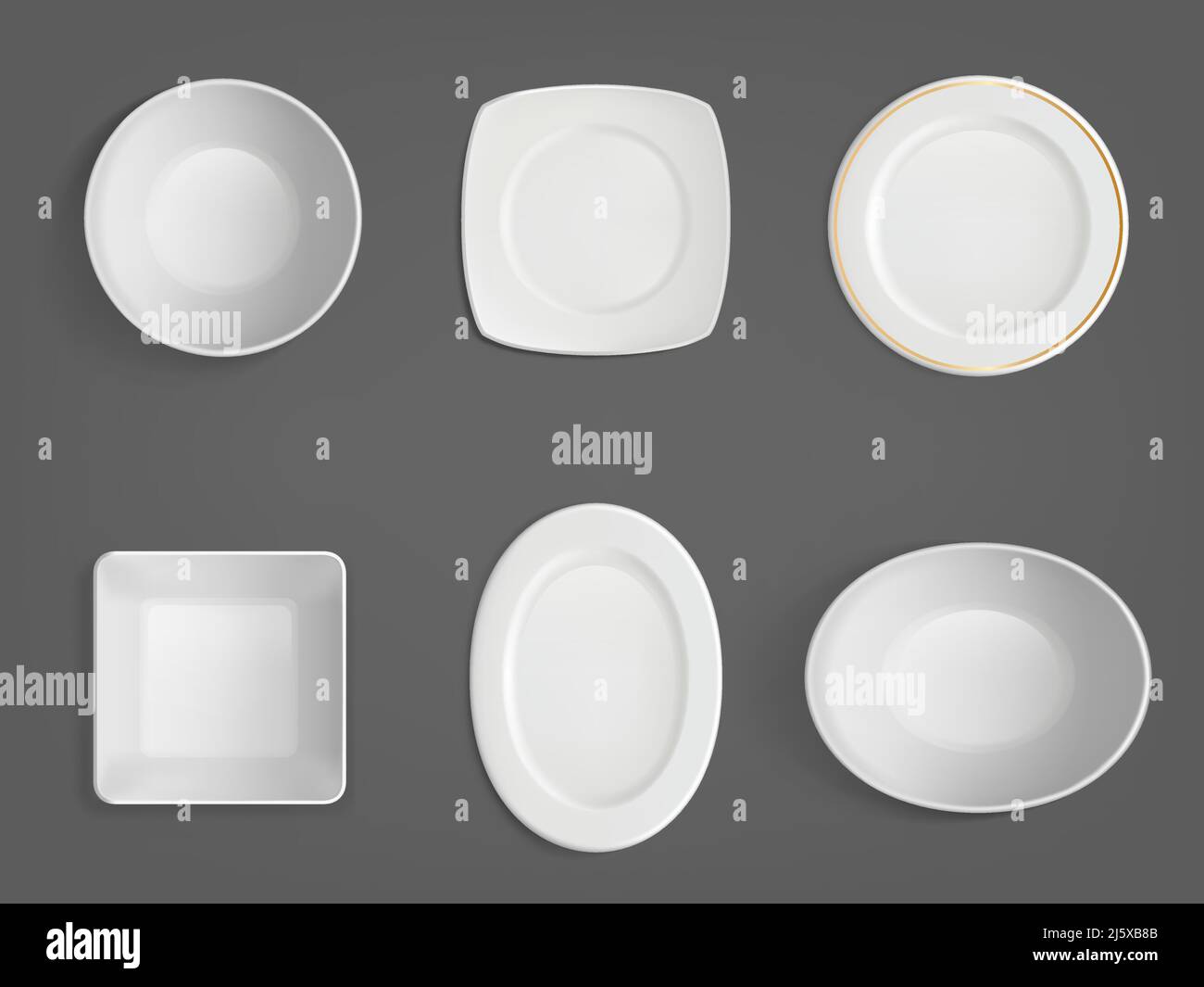 Empty white bowls top view. Realistic vector mockup of square, round ...