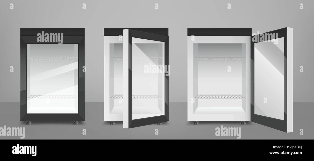 Empty mini refrigerator with transparent glass door. Vector black open ...